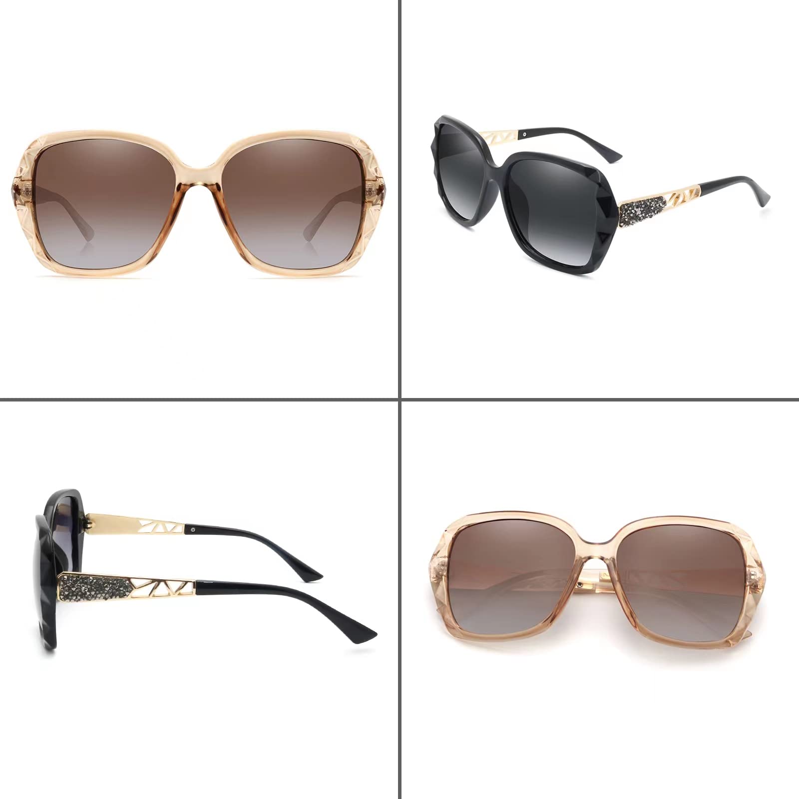 SHOWY SKY Womens Polarized Sunglasses Trendy Oversized UV Protection Bling Frame Dark Lenses(Black + Champagne)