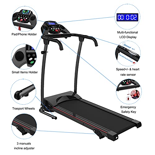 SHAREWIN Folding Treadmills with 3-Level Manual Incline for Home and Office, Fitness Jogging Walking 220 LBS Running Machine with LCD - Mobile Phone Holder - 12 Preset or Adjustable Programs