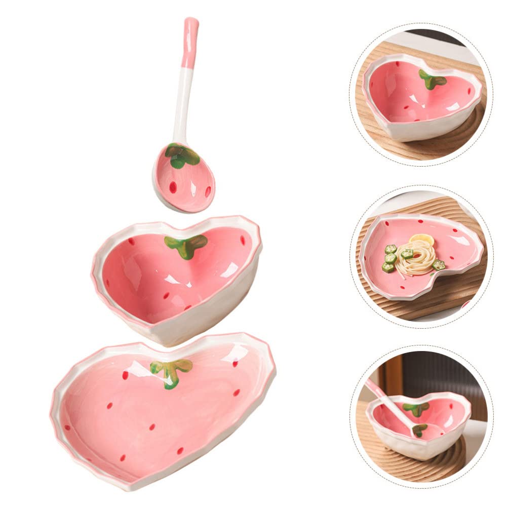 UPKOCH Sushi Dishes Ceramic Dessert Plate Heart Shape Salad Bowl Cute Strawberry Fruit Appetizer Serving Bowl Sushi Dinner Plate Snack Serving Platter Jewelry Dish with Spoon Sushi Making Kit