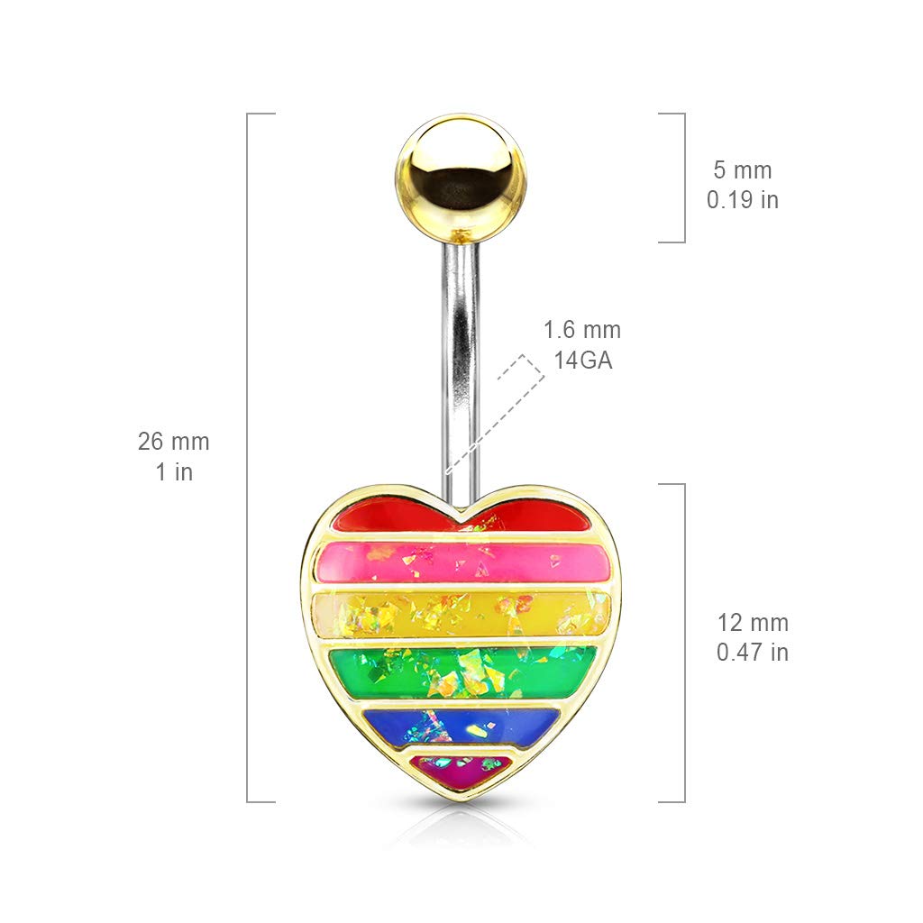 Pierced Owl Rainbow Gay Pride Synthetic Opal Glitter Heart Belly Button Navel Ring (Rose Gold Tone)