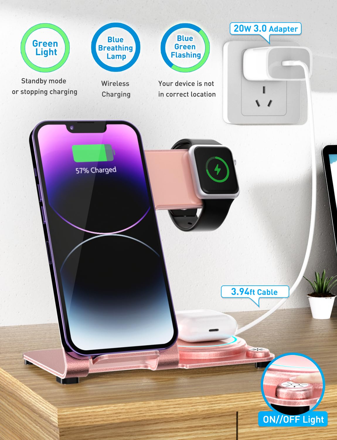 Malfsaier 3 in 1 Charging Station Pink,Aluminum Alloy Multiple Fast Wireless Charger Stand for iPhone 15/14/13/12/11/Pro/Max/XS/XR/X/8/Plus, for Apple Watch 7/6/5/4/3/2/SE, for AirPods 3/2/Pro