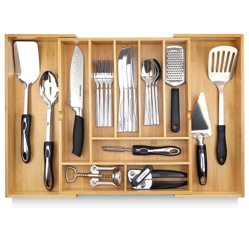 Pristine Bamboo Silverware Organizer– Utensil Organizer for Kitchen Drawers – Extra-Deep Wooden Kitchen Drawer Organizer (10 Slots, 5 Slots) Expandable and Fixed Organizers
