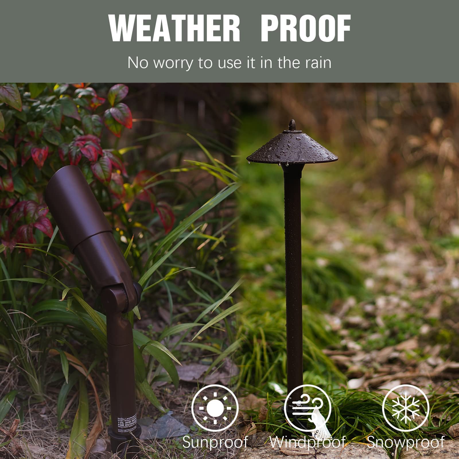 Malibu Landscape Lighting Kit with 150W Low Voltage Outdoor Transformer & 12V Halogen 6PK 10W Bronze Pathway Lights & 4PK Metal 20W Flooding Lights/Spotlights Warm White & 75Feet #16 Wire for Patio