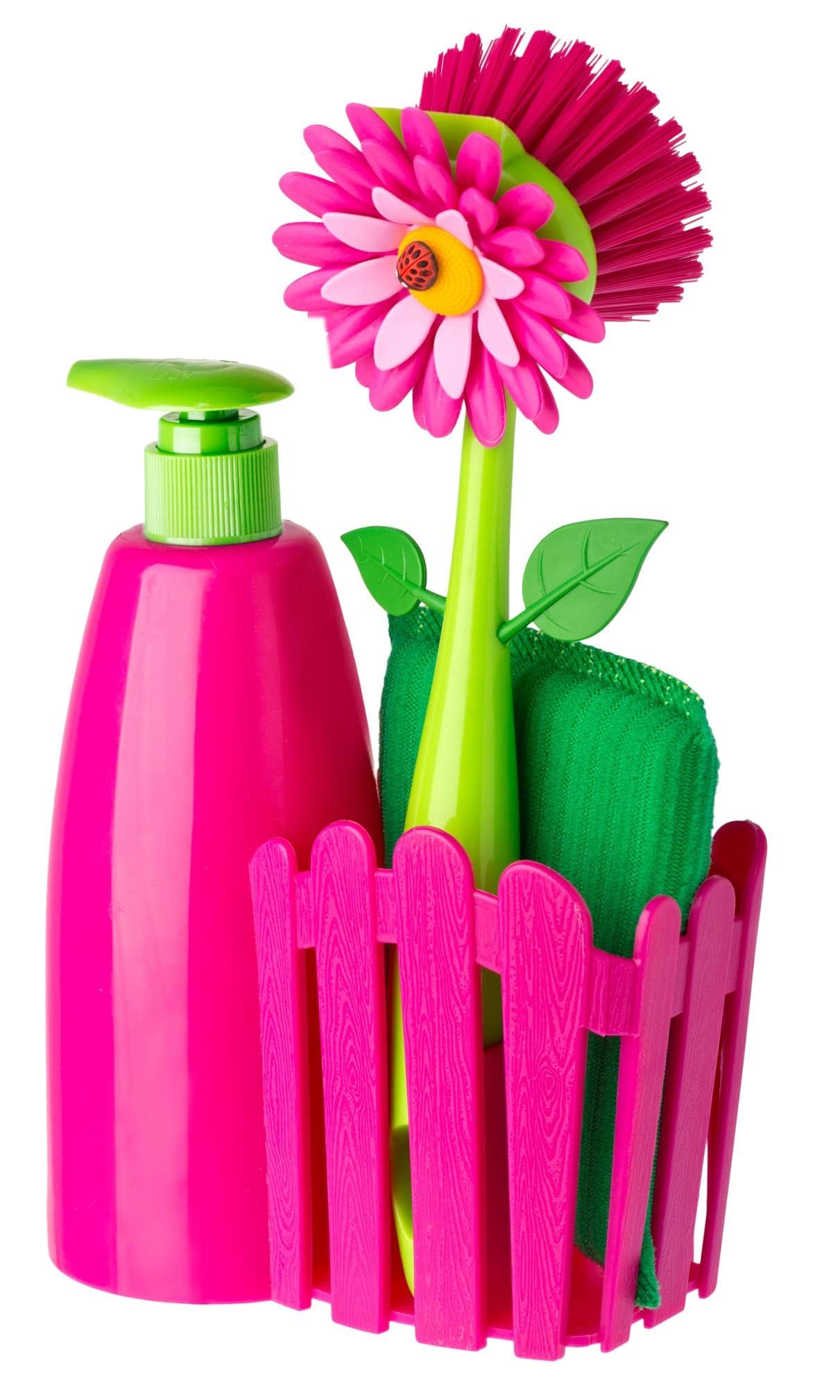 Vigar Flower Power Pink Sink Caddy Set with Soap Dispenser, 10-1/2-Inches, Pink, Green