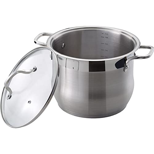 Stainless Steel Stockpot 9.1Qt Mirror Polished Soup Pot with Glass Lid,Pasta Pot with Interior Measurement Markings,Cooking Pots Compatible with All Heat Sources,Easy Clean & Dishwasher Safe