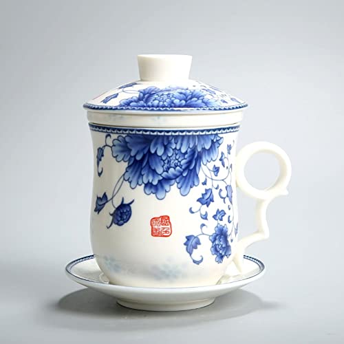 Tea Talent Porcelain Tea Cup with Infuser Lid and Saucer Sets - Chinese Jingdezhen Ceramics Coffee Mug Teacup Loose Leaf Tea Brewing System for Home Office