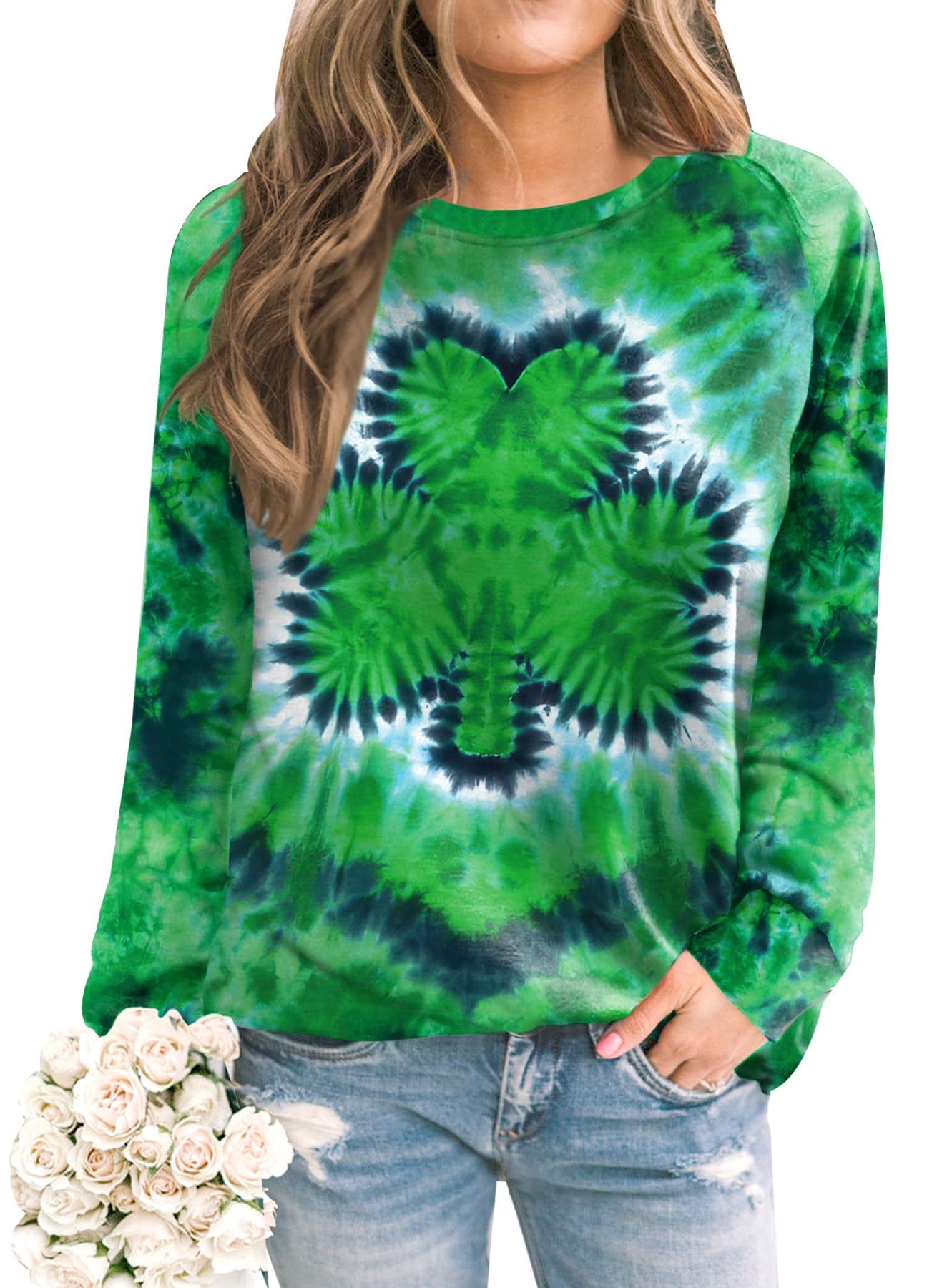 Women's St. Patrick's Day Printed Irish Shamrock Shirt Tie Dye Long Sleeve Raglan Sweatshirts Clover XL