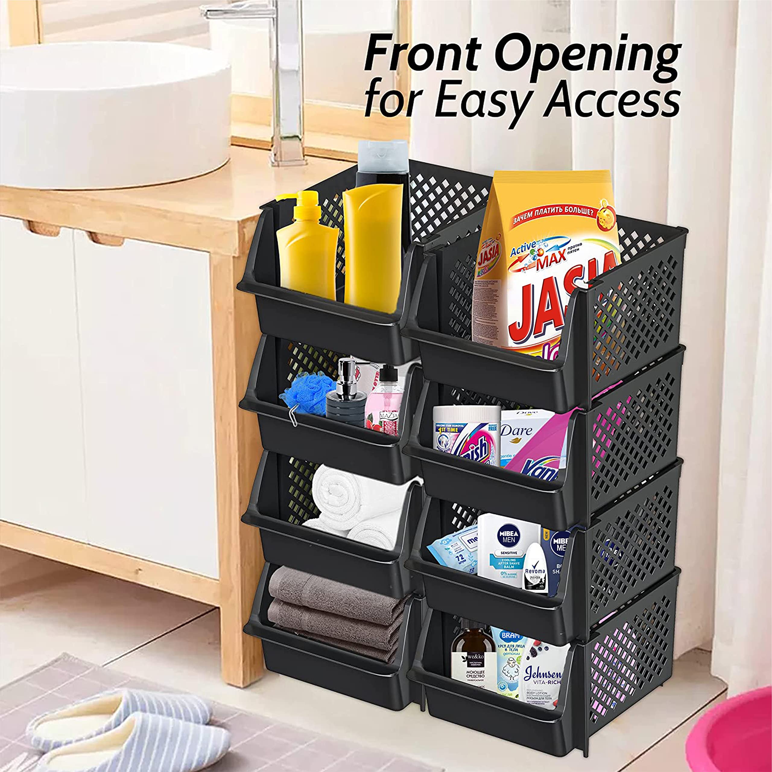 Skywin Plastic Stackable Storage Bins for Pantry - 12 Pack Black Stackable Bins For Organizing Food, Kitchen, and Bathroom Essentials