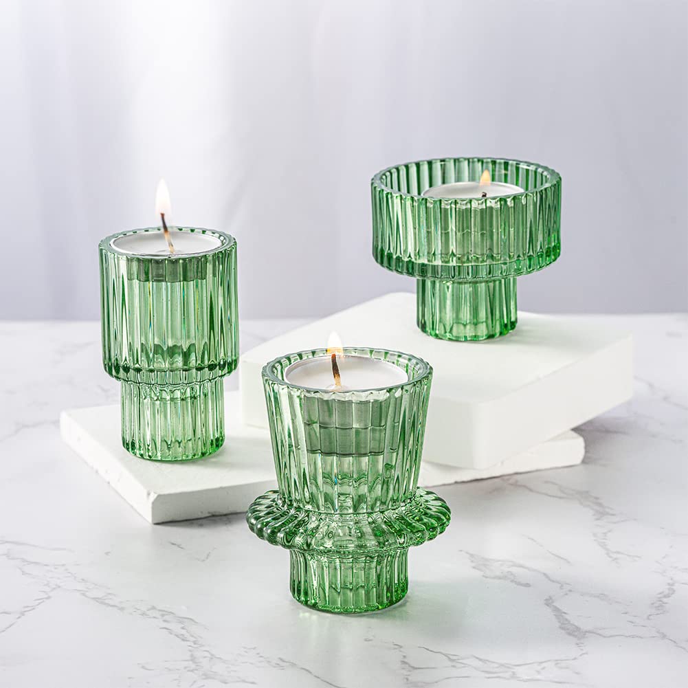 Marycele Glass Candle Holders - Set of 6 Votive and Taper Holders for Wedding Centerpieces and Table Decor, Green