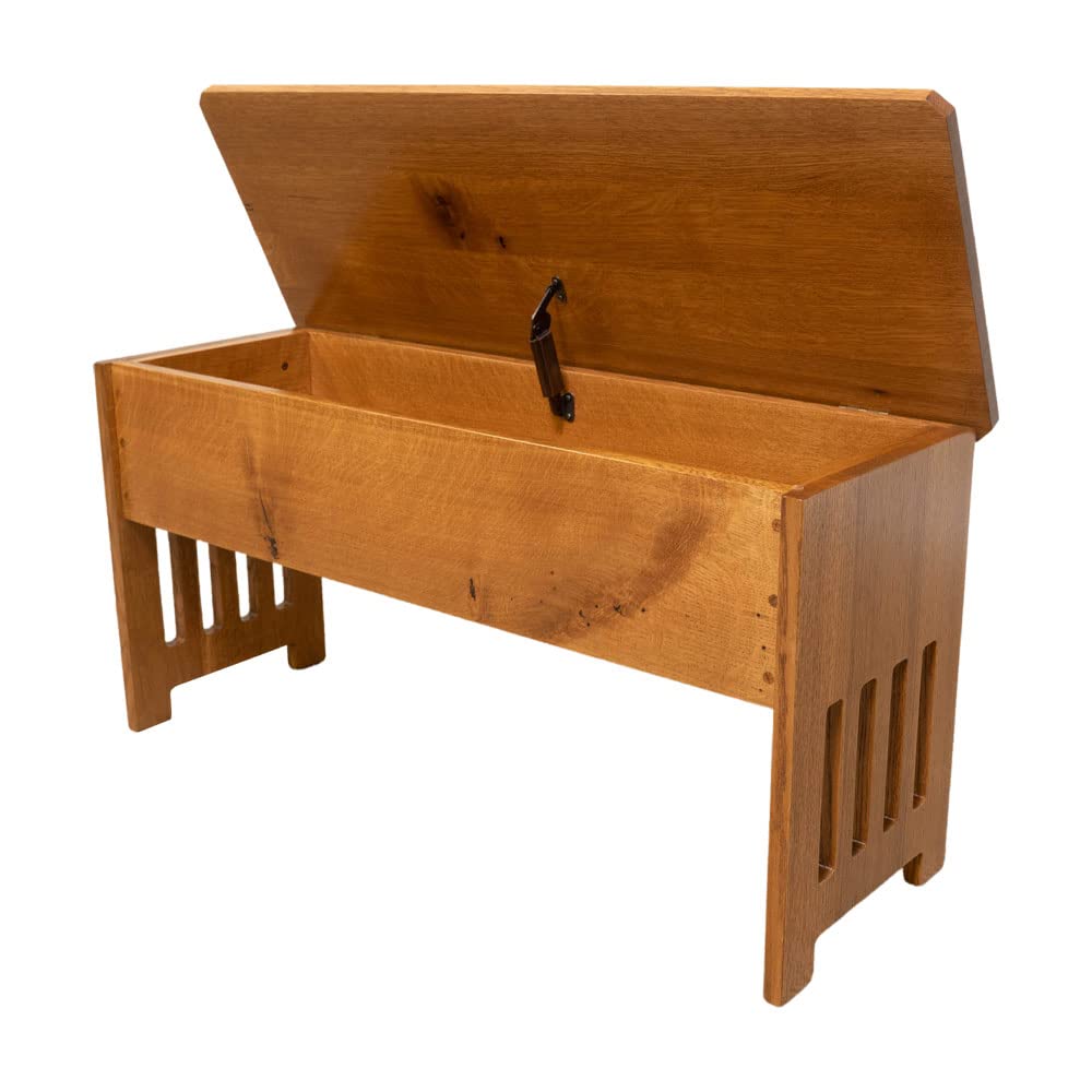 RRD Wooden Storage Bench β Mission Style Entryway Bench w/Flip Top Lid β Solid Rustic Quartersawn Oak Dining Bench w/Slats β Anti-Slam Hinges Wood Bench (48'', Rustic Quartersawn Oak, Seely Stain)