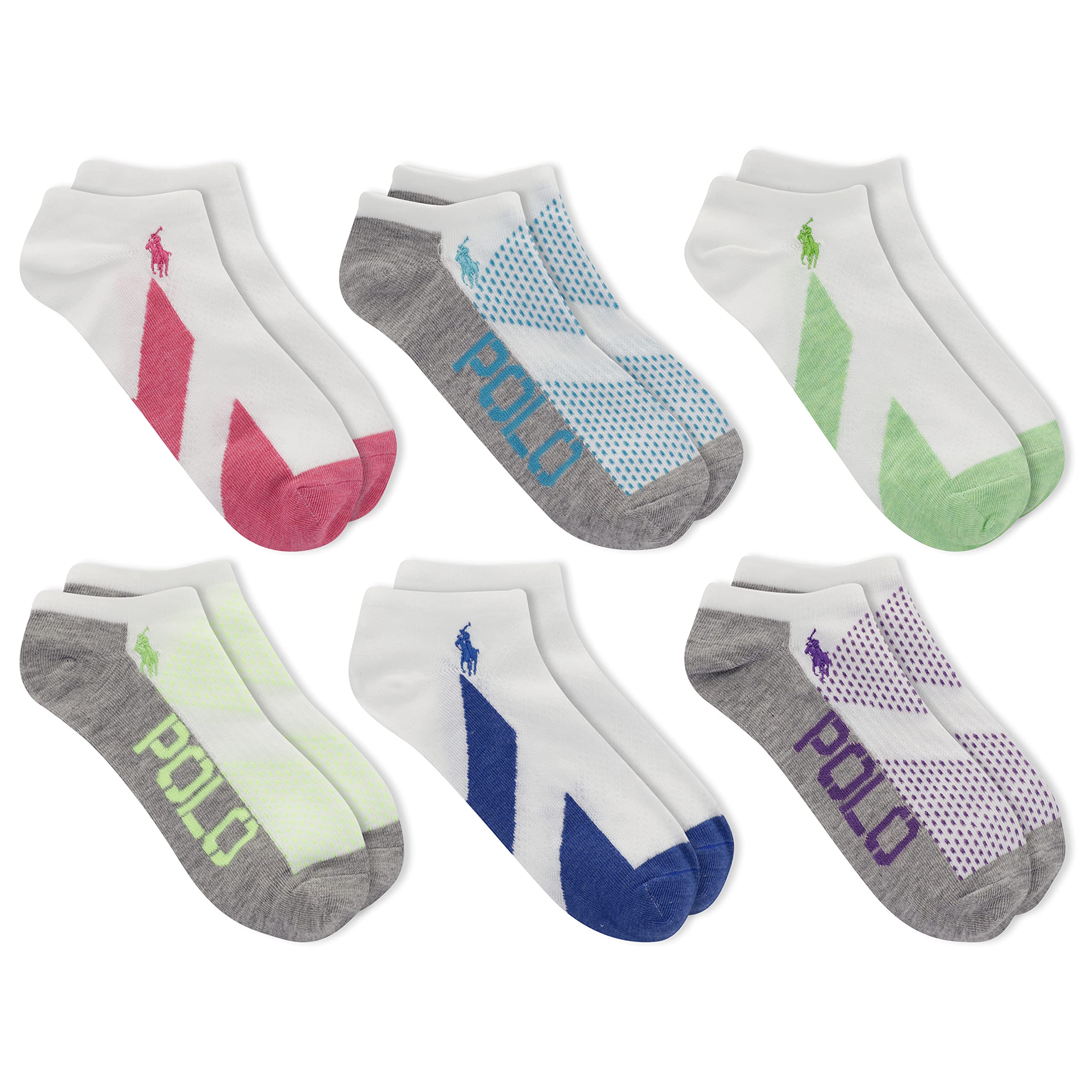 Ralph Lauren Women's 6-Pack Block Polo on Sole Low Cut Socks, White Assorted, 9-11