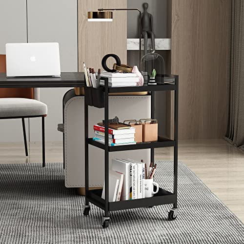 STEEHOOM 3 Tier Utility Rolling Cart, Metal Rolling Storage Cart with Locking Wheels Kitchen Cart with 2 Small Hanging Cups for Bathroom, Office, Balcony, Library, Living Room (Black)