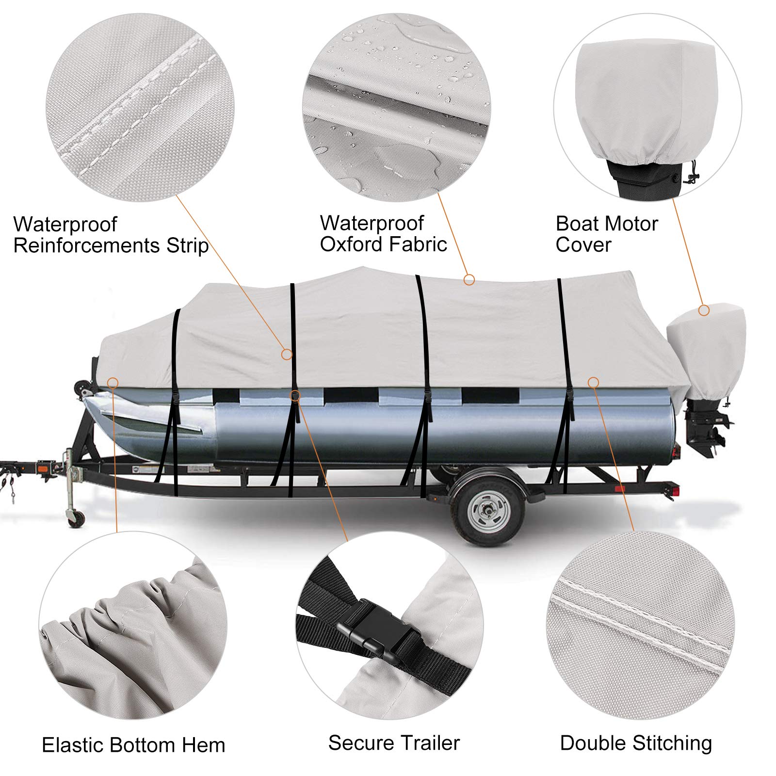 RVMasking 800D Waterproof Trailerable Pontoon Boat Cover with Motor Cover Marine Grade Pontoon Cover with 12 Adjustable tie Down Strap for Length: 17’-20’, Beam Width up to 102”