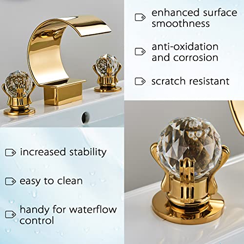 YAGATAP Gold Bathroom Sink Faucet 3 Hole 2 Handle Crystal Knobs High Arc Waterfall Spout Vanity Basin Mixer Tap 8-inch&Upwards Widespread Bathtub Filler Faucet…