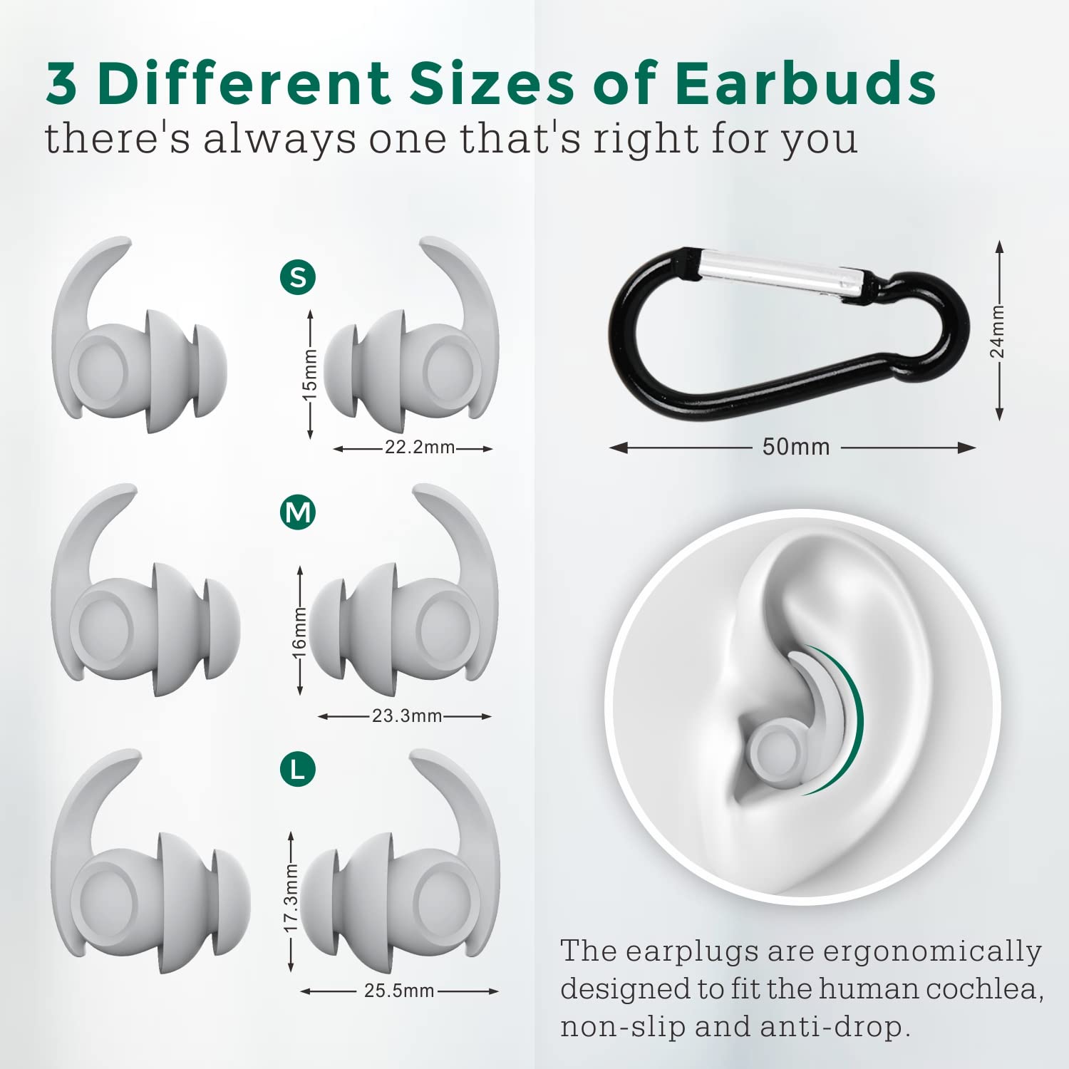 Noise Reduction Ear Plugs for Sleeping, Eargrace 3 Pairs of Different Sizes Ear Plugs, Ultra Comfortable Silicone Reusable Ear Plugs for Sleeping, Snoring and Hearing Protection