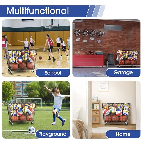 Mythinglogic Rolling Sports Ball Storage Cart, Sports Lockable Ball Storage Locker with Elastic Straps, Stackable Ball Cage for Garage Storage Garage Organizer (Large Set)
