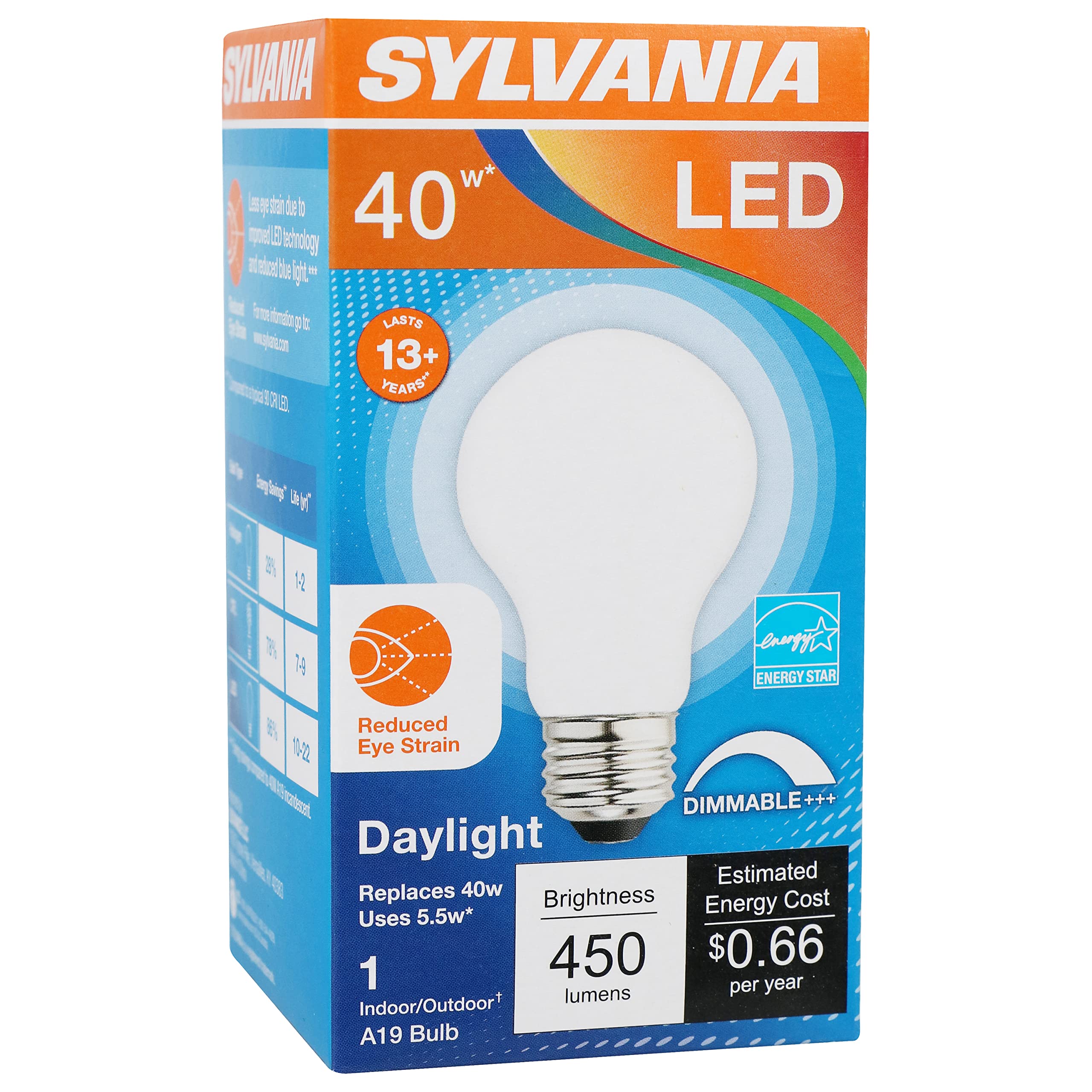 Sylvania LED Reduced Eye Strain A19 Light Bulb, 60W = 8W, 13 Year, Dimmable, Clear, 2700K, Soft White - 4 Pk
