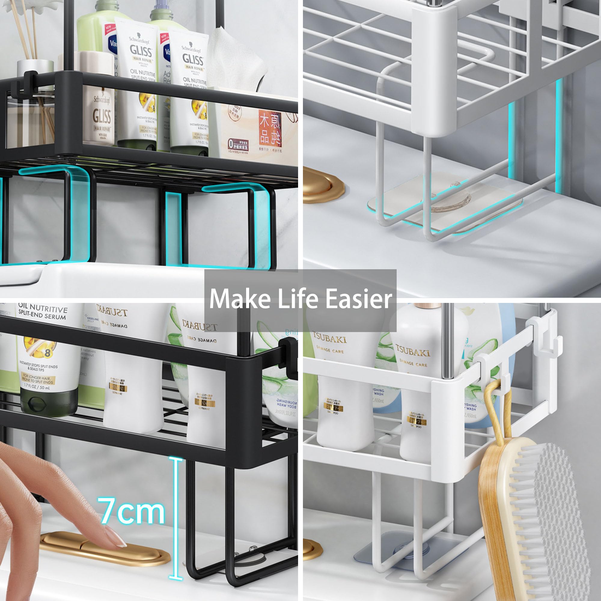 ZYOsJK Over The Toilet Storage 2-Tier Bathroom Organizers and Storage,Bathroom Storage Over The Toilet with 4 Hook & Suction Cup,Wall Mounted Floating Shelves Furniture (White)