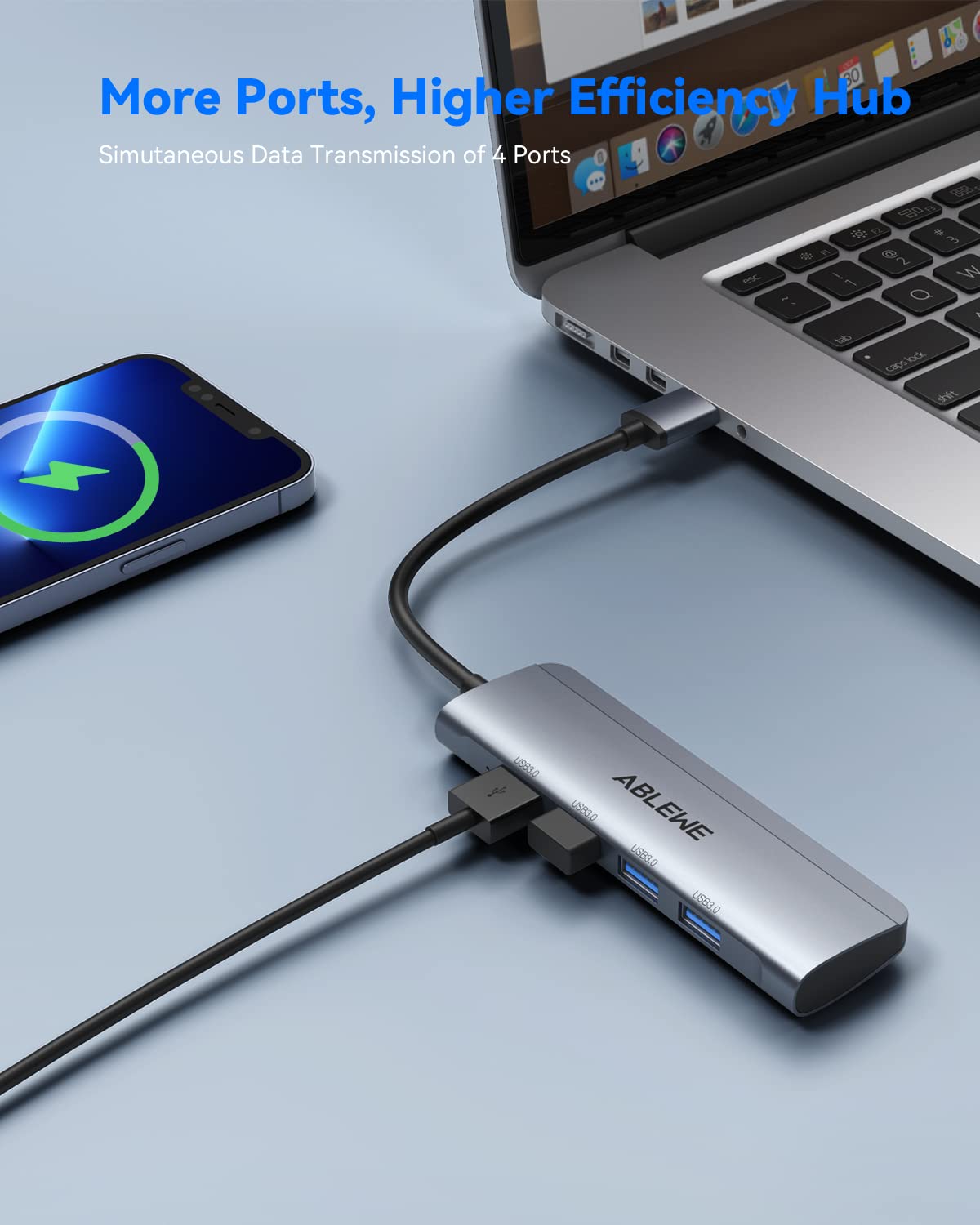 USB Hub, ABLEWE 4-Port USB Splitter for Laptop, Slim USB 3.0 Hub Keyboard and Mouse Adapter Compatible with PC, Laptop, MacBook Air, Mac Pro, iMac, Dell, Surface Pro, Flash Drive, Mobile HDD
