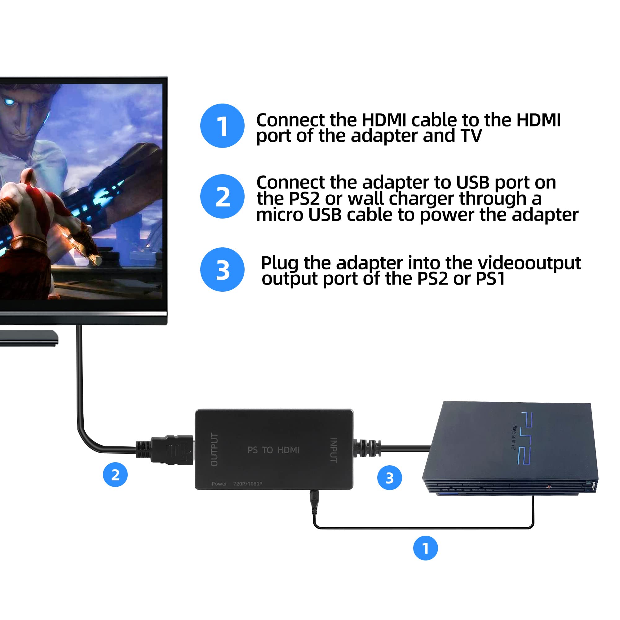 Xahpower PS2 to HDMI Adapter Converter, HDMI Link Cable Support 16:9/4:3 and HD 1080P Display for Sony Playstation 1/ Playstation 2/ Playstation 3(Plug and Play)