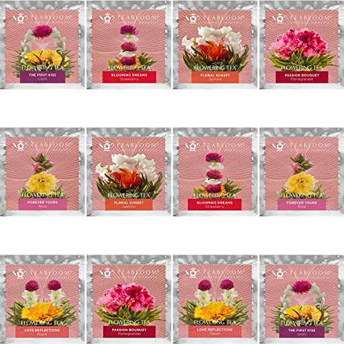 Teabloom Heart-Shaped Flowering Teas β 12 Assorted Blooming Tea Flowers β Green Tea + Jasmine, Pomegranate, Strawberry, Rose, Litchi & Peach