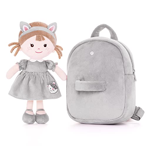 Onetoo Toddler Backpack Kids Backpacks with Soft Plush Baby Dolls Gray Cat 9.5"