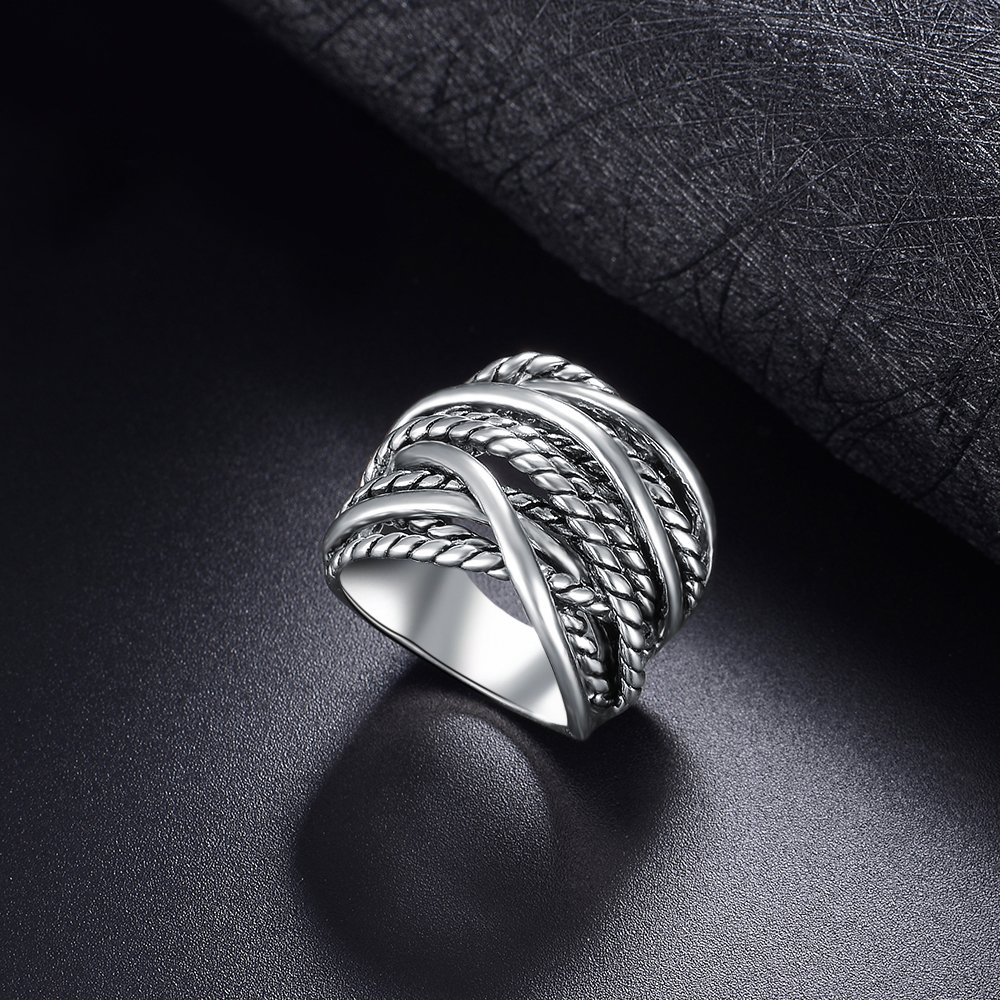 Mytys Gold and Silver Statement Rings for Women Wire Intertwined Design 14K Gold Plated Silver Band Ring Wide Index Finger Rings Costume Jewelry (Silver, 9)