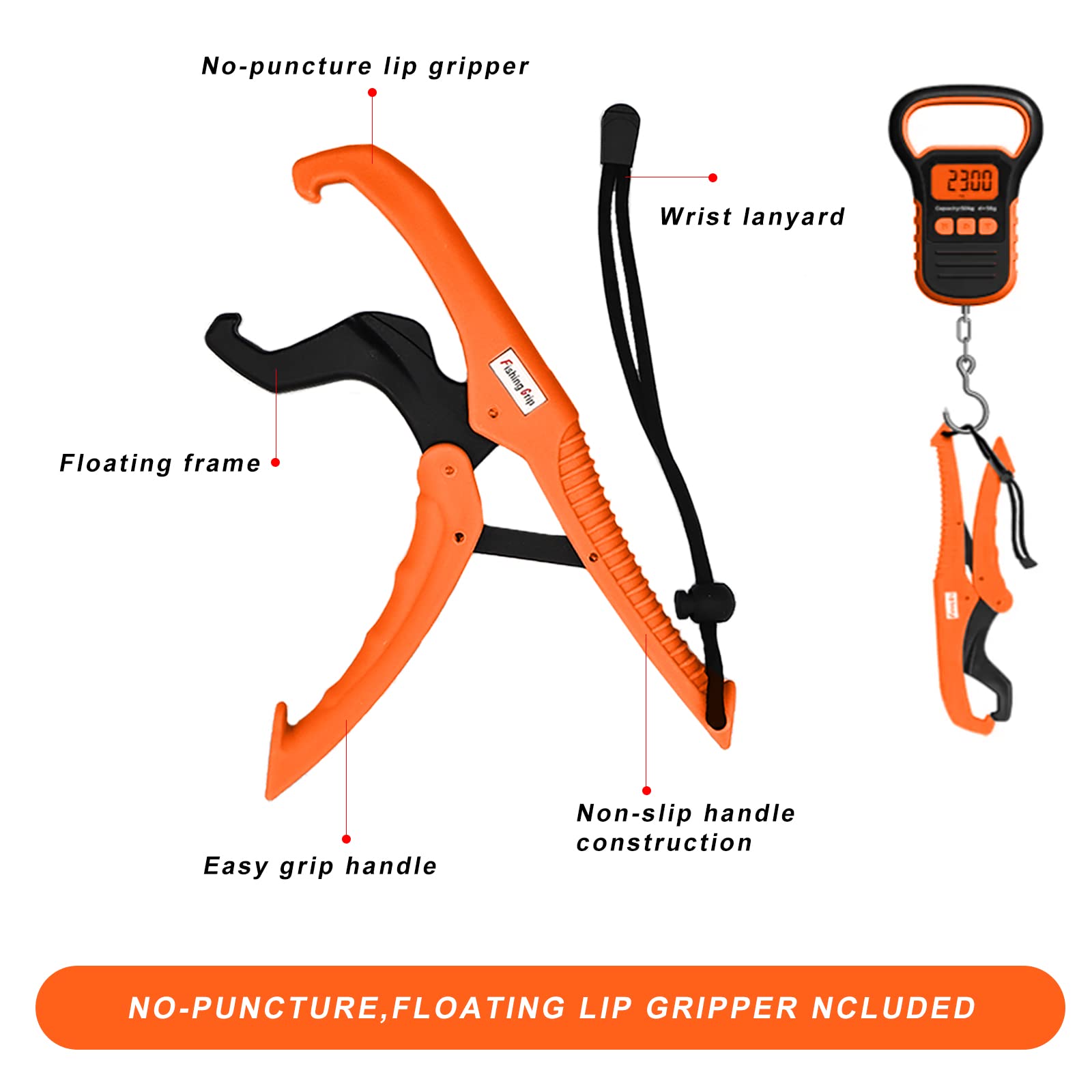 UNIWEIGH Digital Fishing Scale with Lip Gripper,Tape and Ruler,110lb/50kg Postal Hanging Luggage Scale with Hook,Waterproof Handing Scale for Home and Outdoor(Orange)