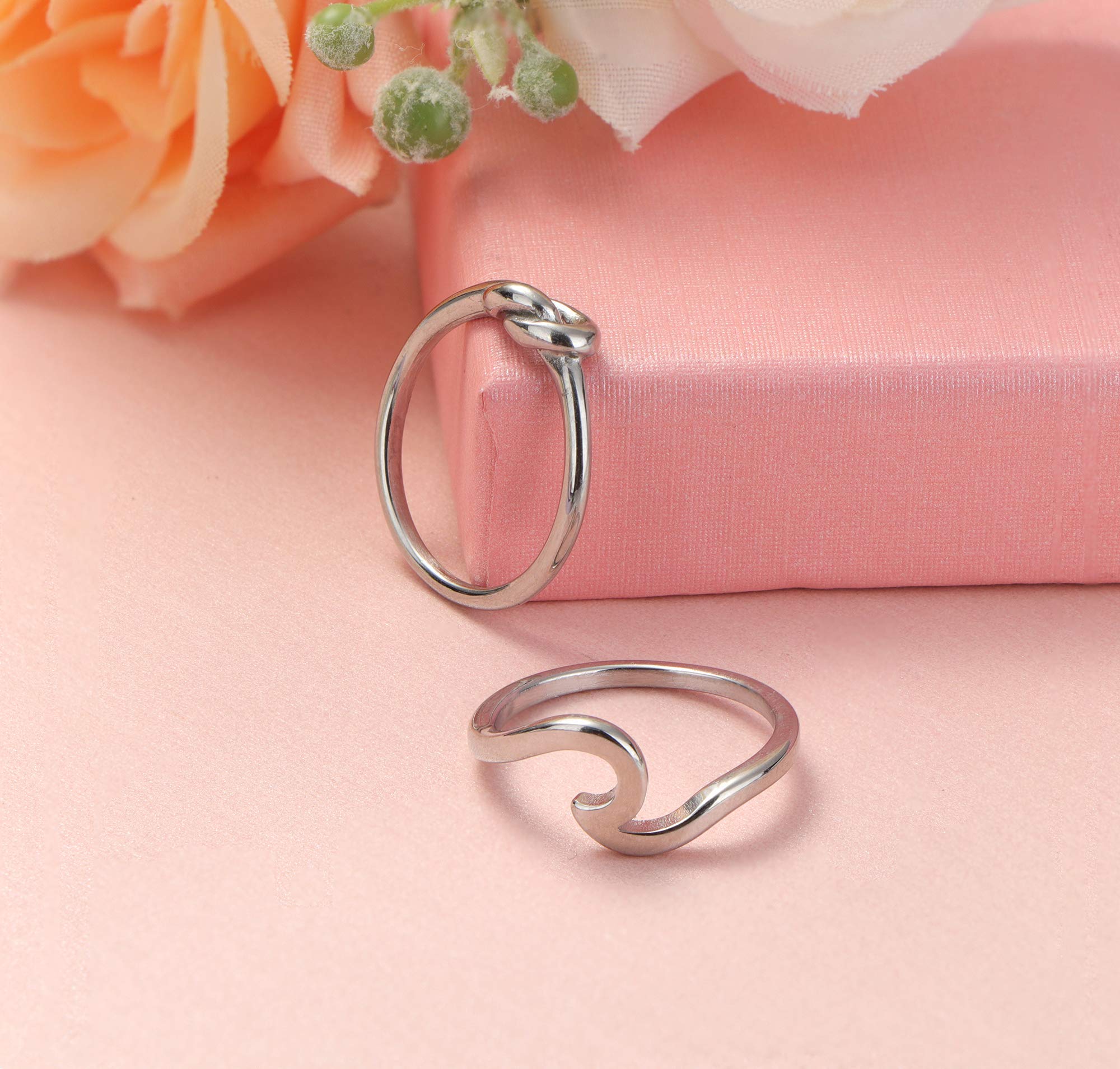 ORAZIO 4 Pcs Silver Wave Rings for Women Twist Knot Band Stackable Rings Stainless Steel Simple Thumb Cute Rose Gold Rings Set