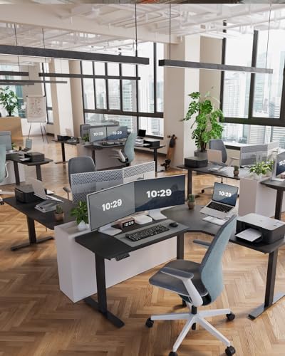Marsail Corner Stand Up Desk Adjustable Height with 4-in 1 Electical Outlet, L Shaped Electric Standing Desk with Headphone Hook, Stand up Desk for Home Office Sturdy Writing Workstation Black
