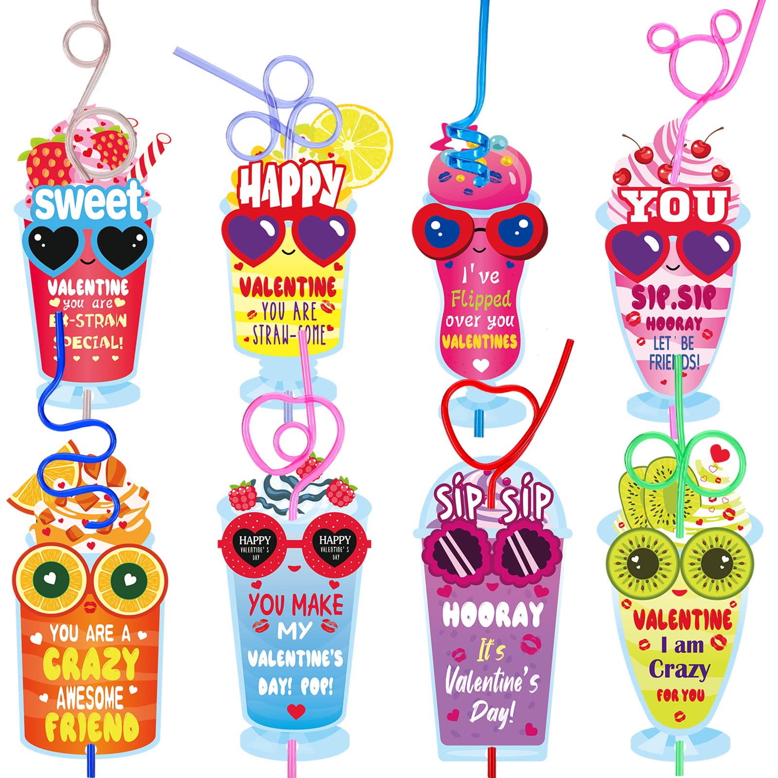 Valentines Day Cards, 32 Pack Crazy Straws Bulk, Silly Straws for Kids Colorful Valentine Exchange Cards Loop Reusable Drinking Straws Valentine Gifts for Classroom Boys Girl School Party Game Favor