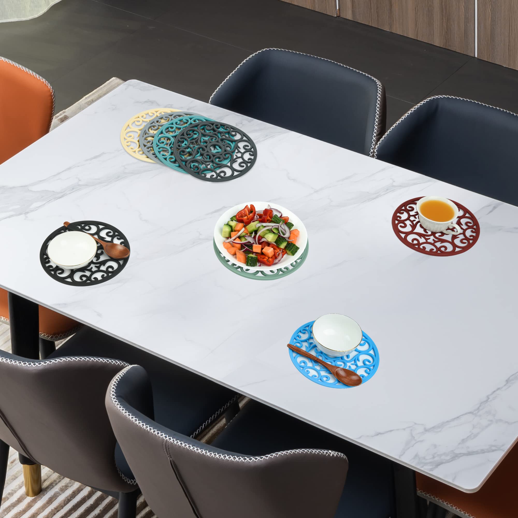 Viwehots Silicone Trivets Mats for Hot Pots and Pans, Multi-Use Intricately Carved Hot Pads and Mats, Flexible Modern Kitchen Table Mat, Heat Resistant Round Big Coaster Set of 3 Mixing Color