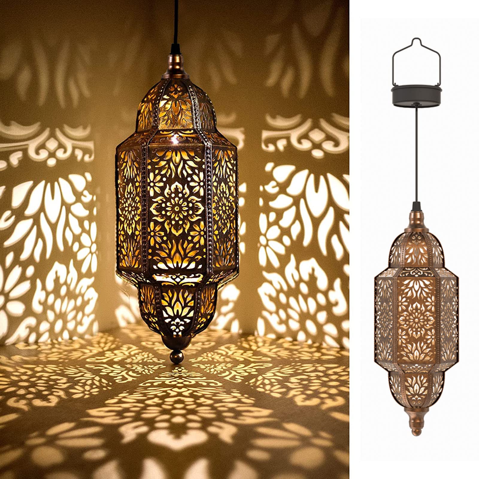 Twinkya 2 Pack Hanging Solar Lights Outdoor Garden Decorative Solar Lantern Waterproof Metal Moroccan Outdoor Decorations for Patio Pathway Yard Porch Backyard Garden Decor (Gold, 2 Pack)