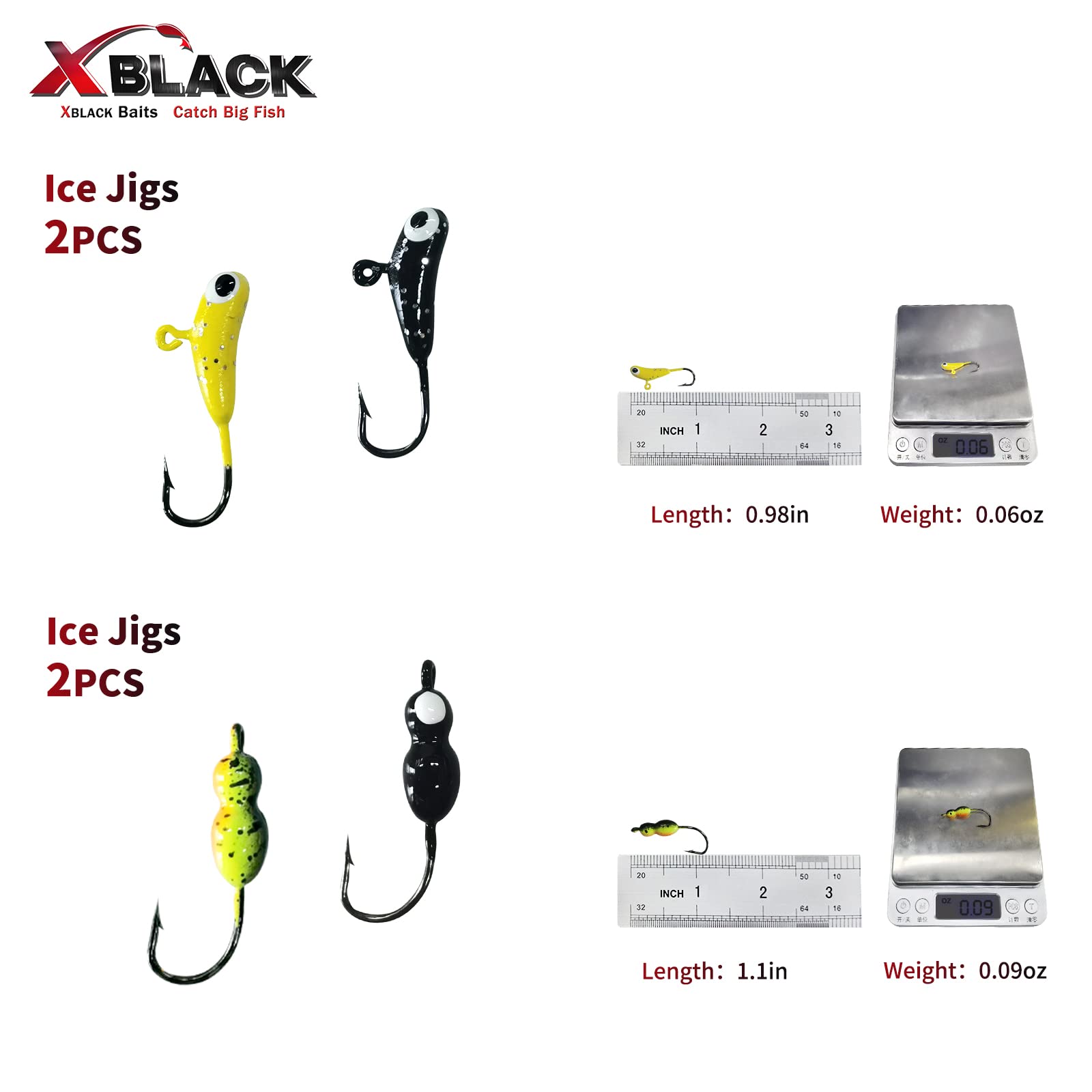 XBLACK Ice Fishing Jigs Kit Ice Fishing Lures 55PCS for Beginner Starter, XBLACK Baits, Catch Big Fish!