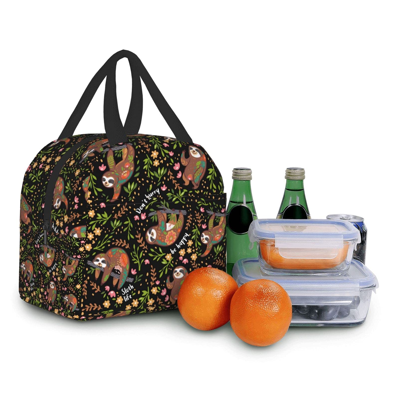 Sloth Insulated Lunch Bag with Front Pocket,Reusable Cooler Tote with Zipper for Men & Women