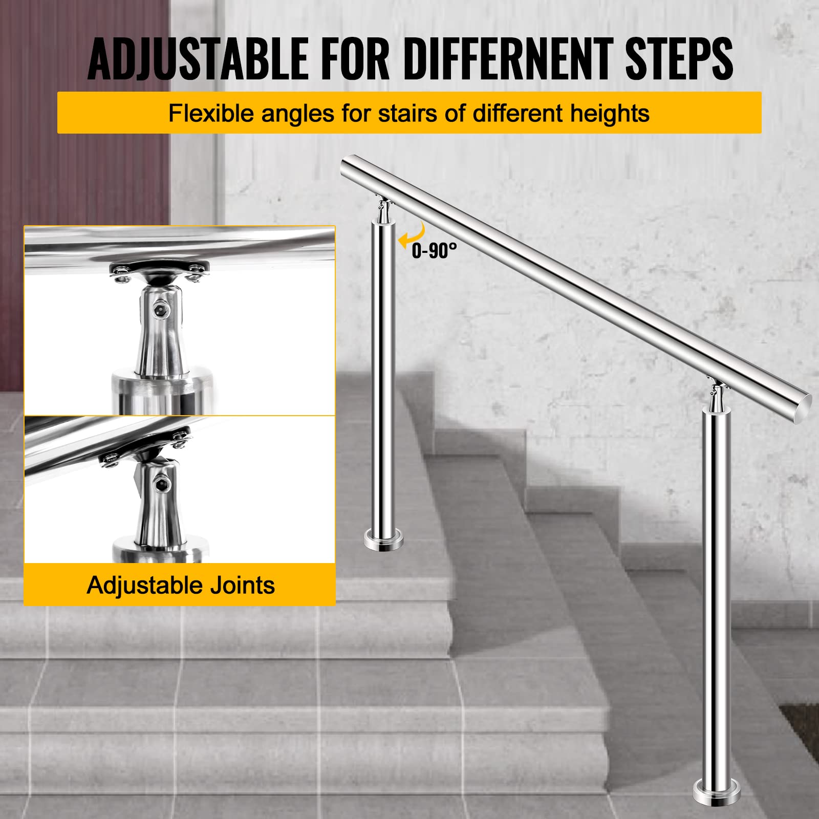 Migoda Stainless Steel Handrail 55’’x34’’ Inch, Silver Stair Handrail 551Lbs Load, Angle Adjustable Hand Rails for Outdoor Steps, Stair Rail Fits 4-5 Steps with Complete Screw Kit