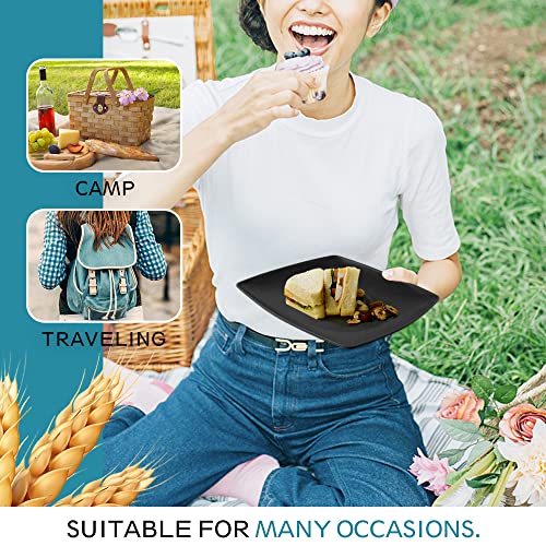 Teivio 24-Piece with flatware Kitchen Plastic Wheat Straw Square Dinnerware Set, Service for 6, Dinner Plates, Dessert Plate, Cereal Bowls, Cups, Unbreakable Plastic Outdoor Camping Dishes, Black