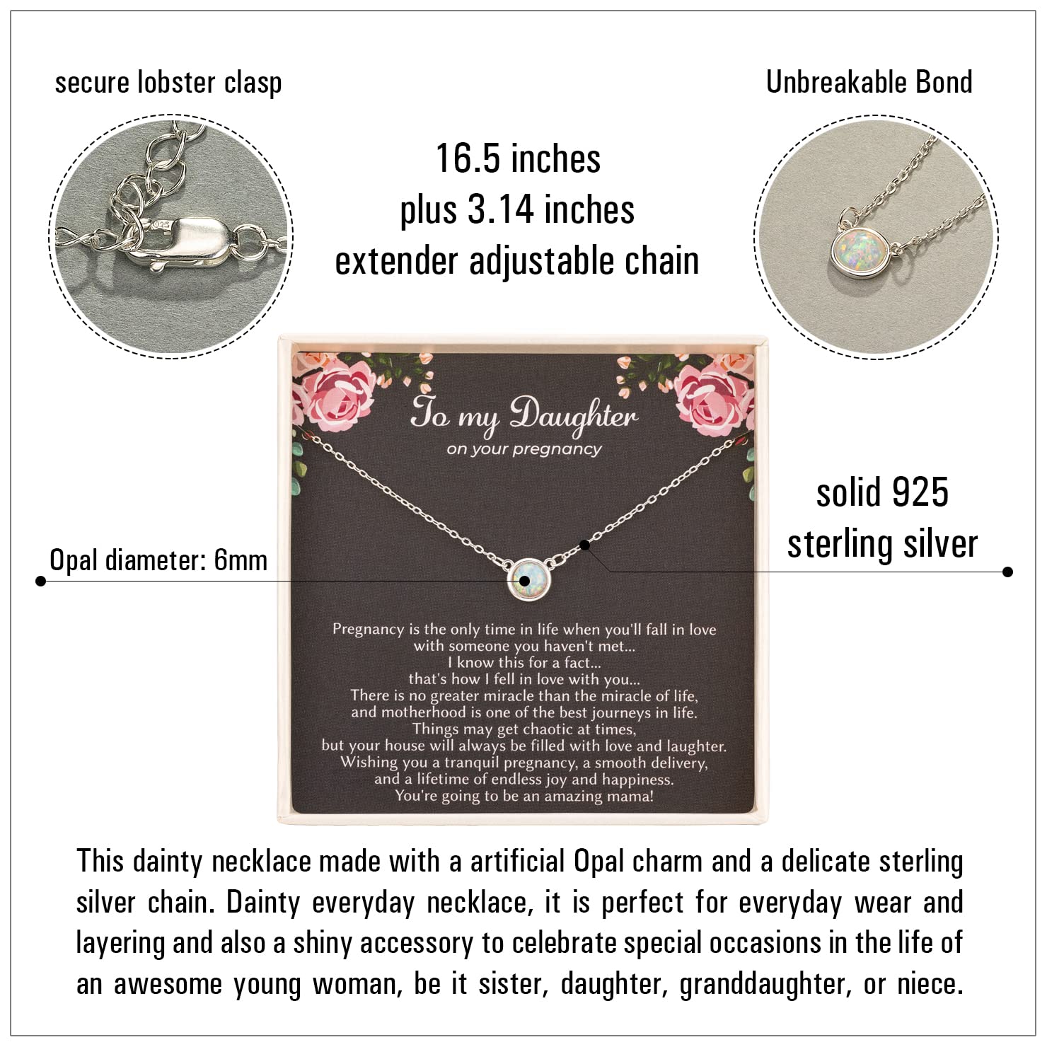 RareLove First Time Mom Gift,Daughter Pregnancy Gift from Mom,Baby Shower Gifts,925 Sterling Silver White Opal Necklace Gift For Mom to be,Expecting Mom,Daughter Push Gift