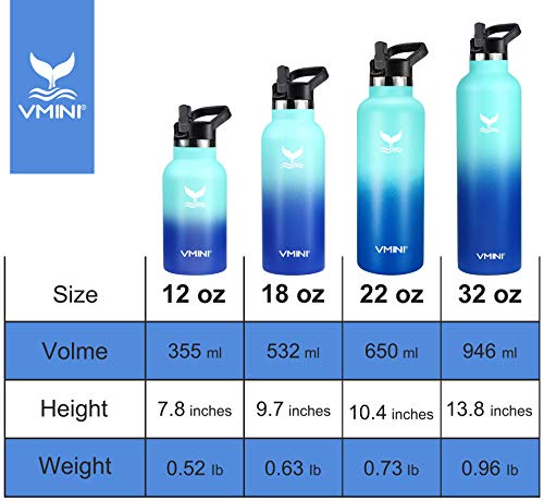 Vmini Water Bottle - Standard Mouth Stainless Steel & Vacuum Insulated Bottle, New Straw Lid with Wide Handle, Gradient Mint+Blue & 22 oz