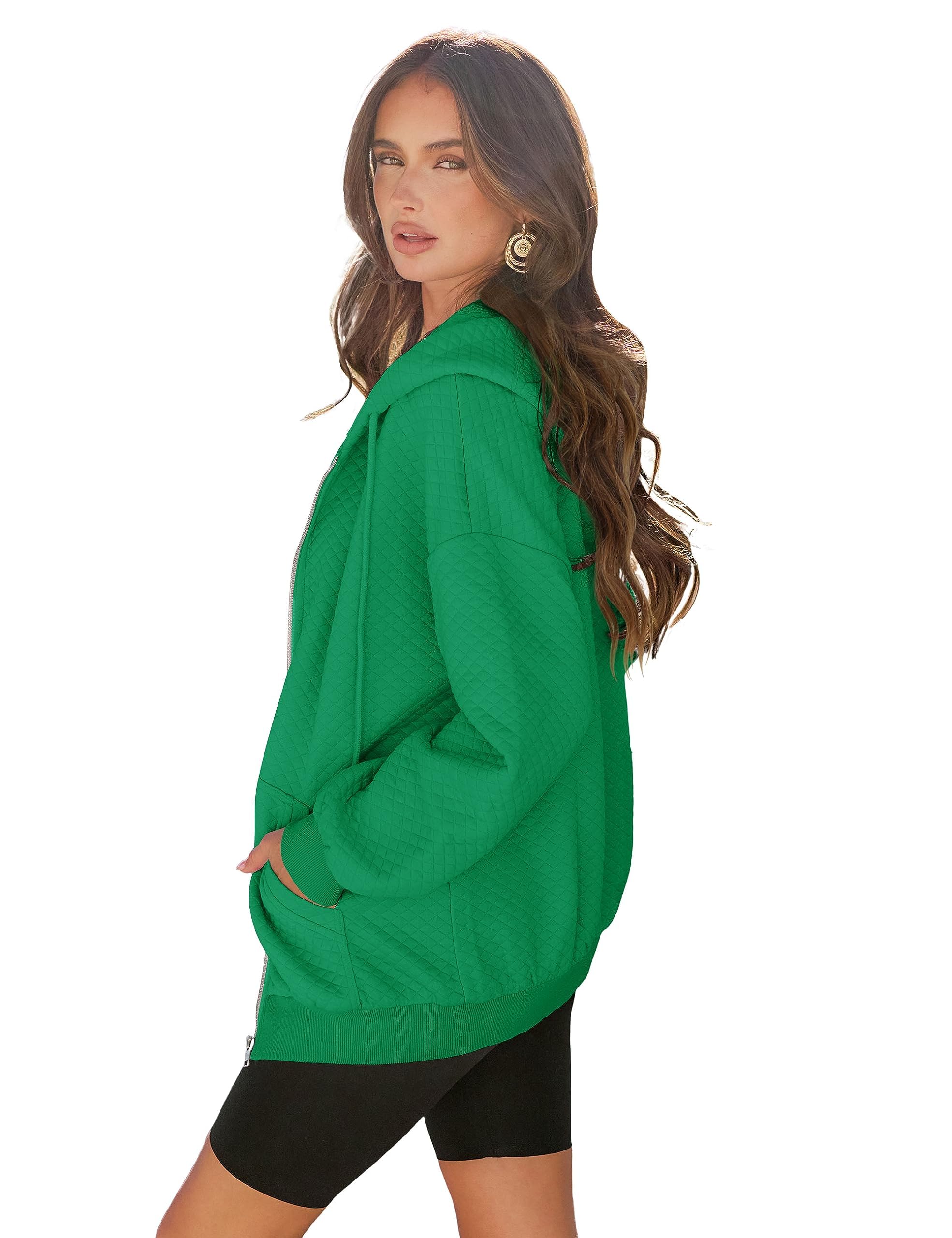 MEROKEETY Women Oversized Hoodies Sweatshirts Fall Casual Quilted Full Zip Jackets with Pockets Green Medium