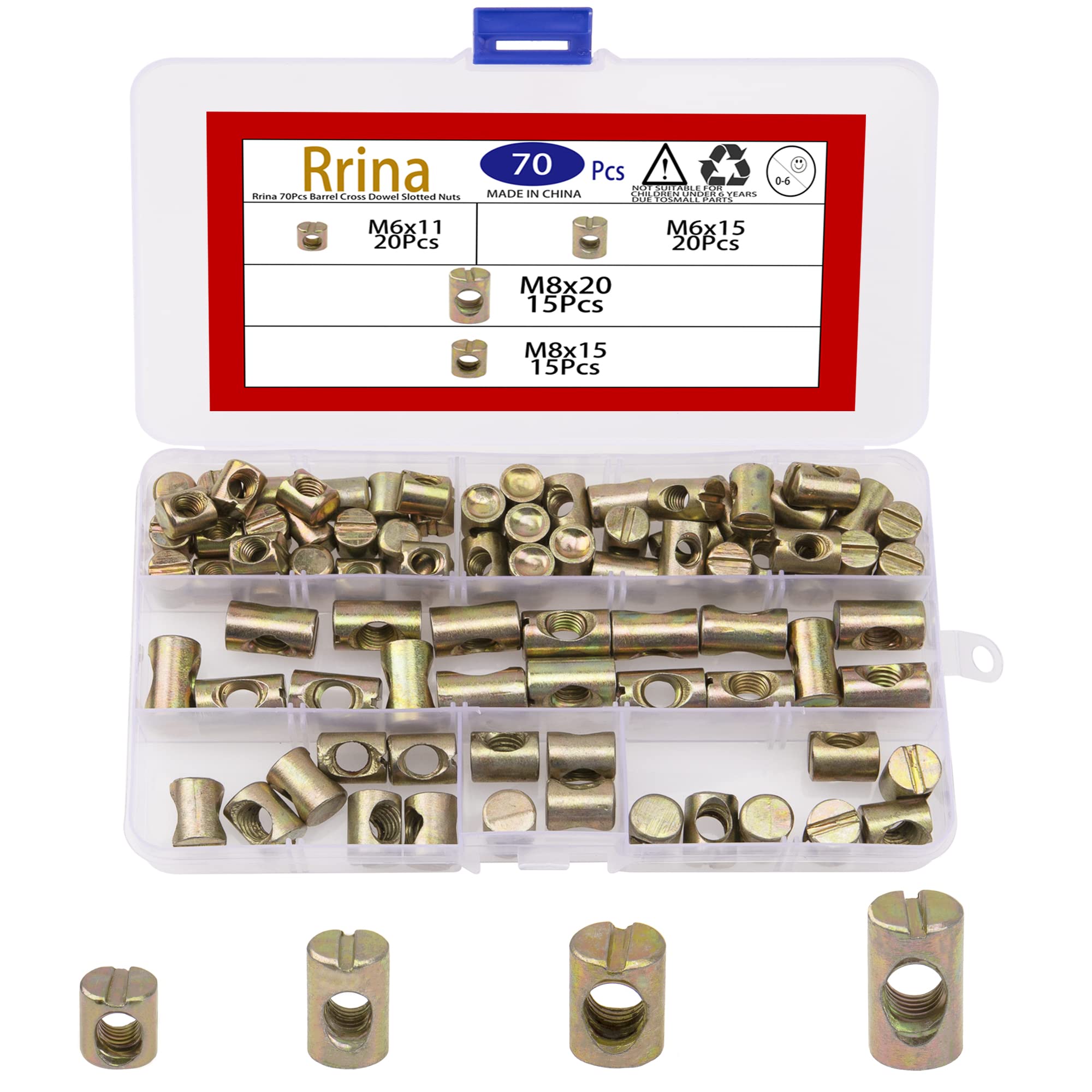 Rrina 70Pcs Metric M6 M8 Barrel Cross Dowel Slotted Nuts for Furniture Beds Chairs 4 Sizes