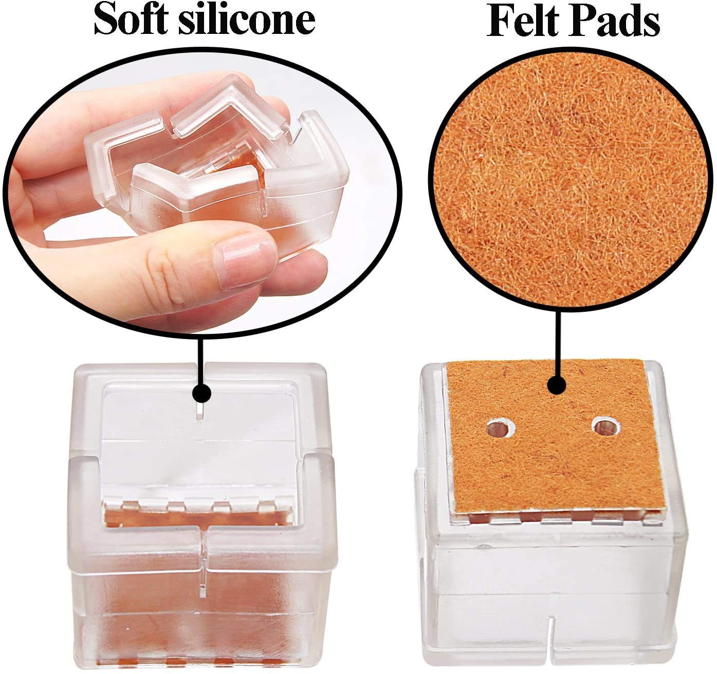 TEKEFT Chair Leg Wood Floor Protectors Flexible Silicone Square 1-1/8" to 1-3/8" Clear (24 pack）