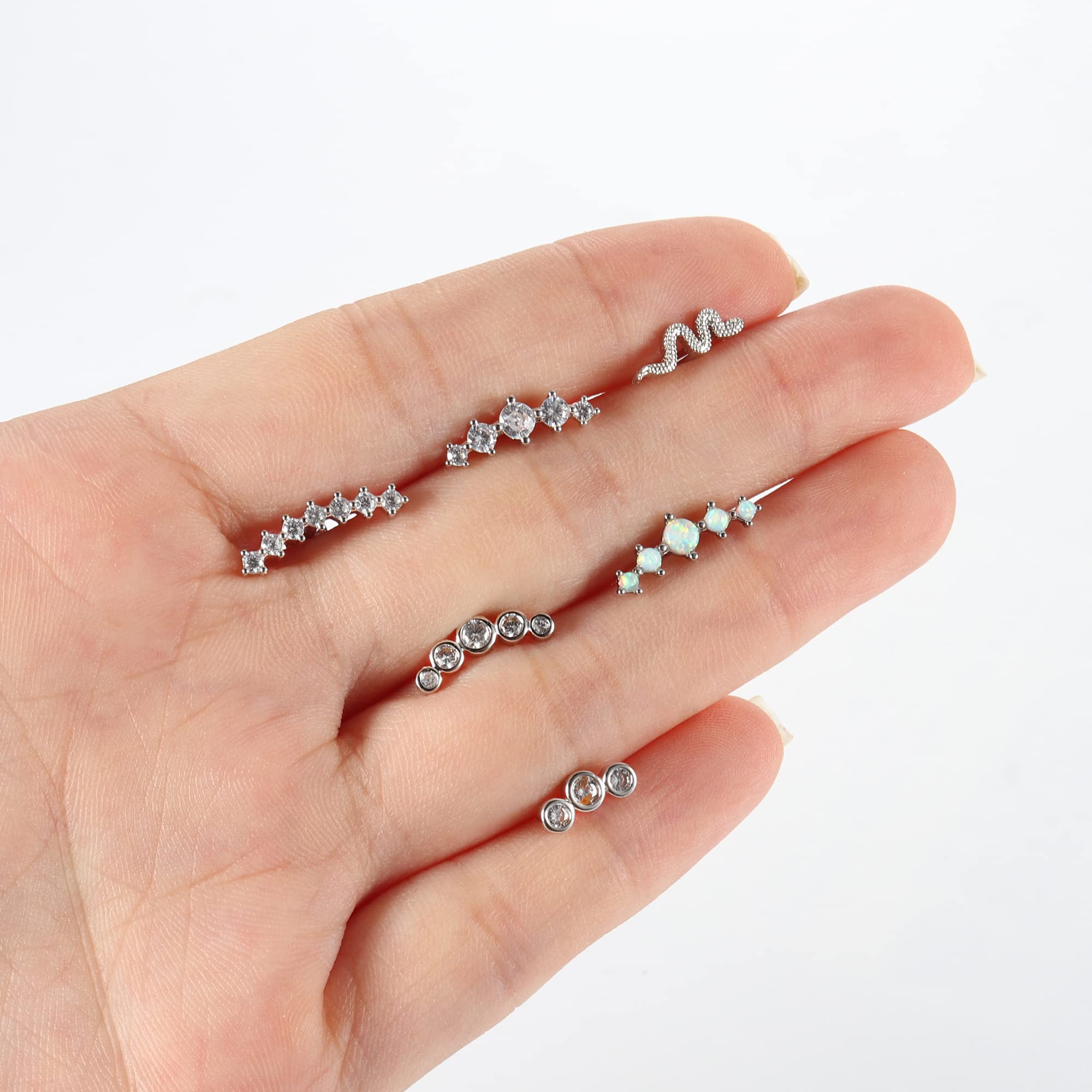 THUNARAZ 6Pcs 16G Cartilage Earrings for Women Stainless Steel Studs Shining CZ Opal Snake Conch Helix Daith Piercing Jewelry Set Silver