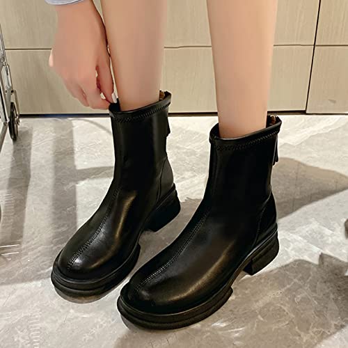 Women Ankle Boots Autumn and Winter Fashion Comfortable Simple Solid Color British Style Round Toe Square Heel Back Zipper Tan Shoe Boots Women