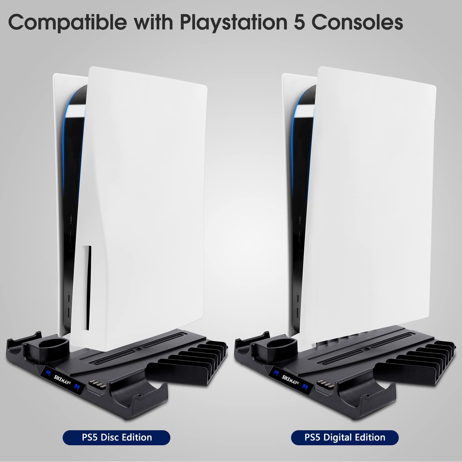 SIKEMAY PS5 Slim Stand Cooling Station for PlayStation 5 Slim Console Vertical Accessories with 2H Fast Dual Controller Charging and Silent Fan (White+Black)