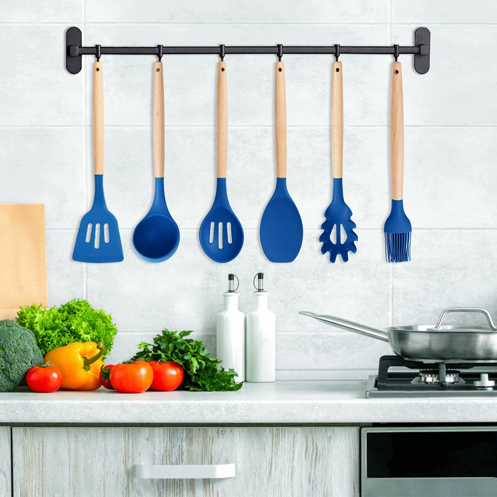 mossFlos Kitchen Cooking Utensils Set, 12 pcs Non-Stick Silicone Cooking Kitchen Utensils with Holder, Heat Resistant Kitchen Gadgets Utensil Set,Turner Tongs,Spatula,Spoon,Brush,Whisk.Dark Green