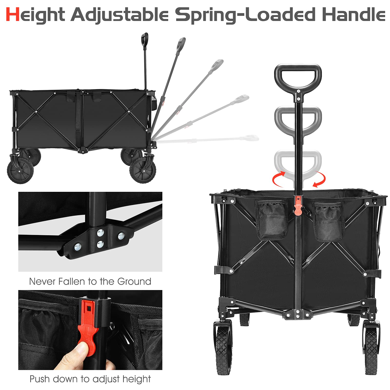 S AFSTAR Folding Wagon Cart, Collapsible Garden Wagon w/Adjustable Handle & Universal Wheels, Heavy Duty Folding Utility Cart for Agricultural Material Toy Grocery, Load Capacity up to 180Lbs (Black)