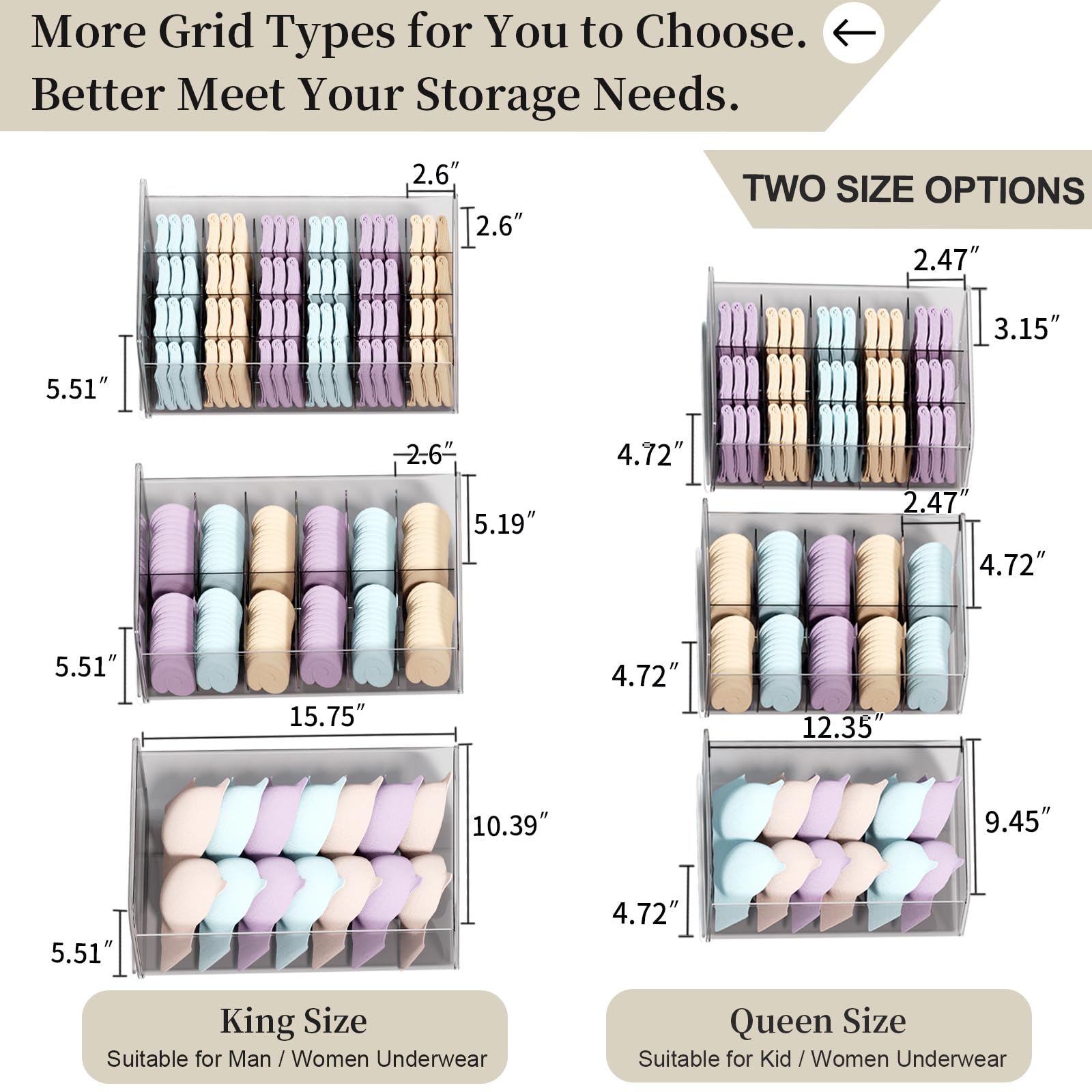 Miaocona Underwear Organizer Drawer, 24 Cells Plastic Sock Underwear Storage Drawer, Stackable Closet Organizers and Storage Box for Bras, Socks, Scarves, Ties, Belt (King Size-White, 1 Pcs)