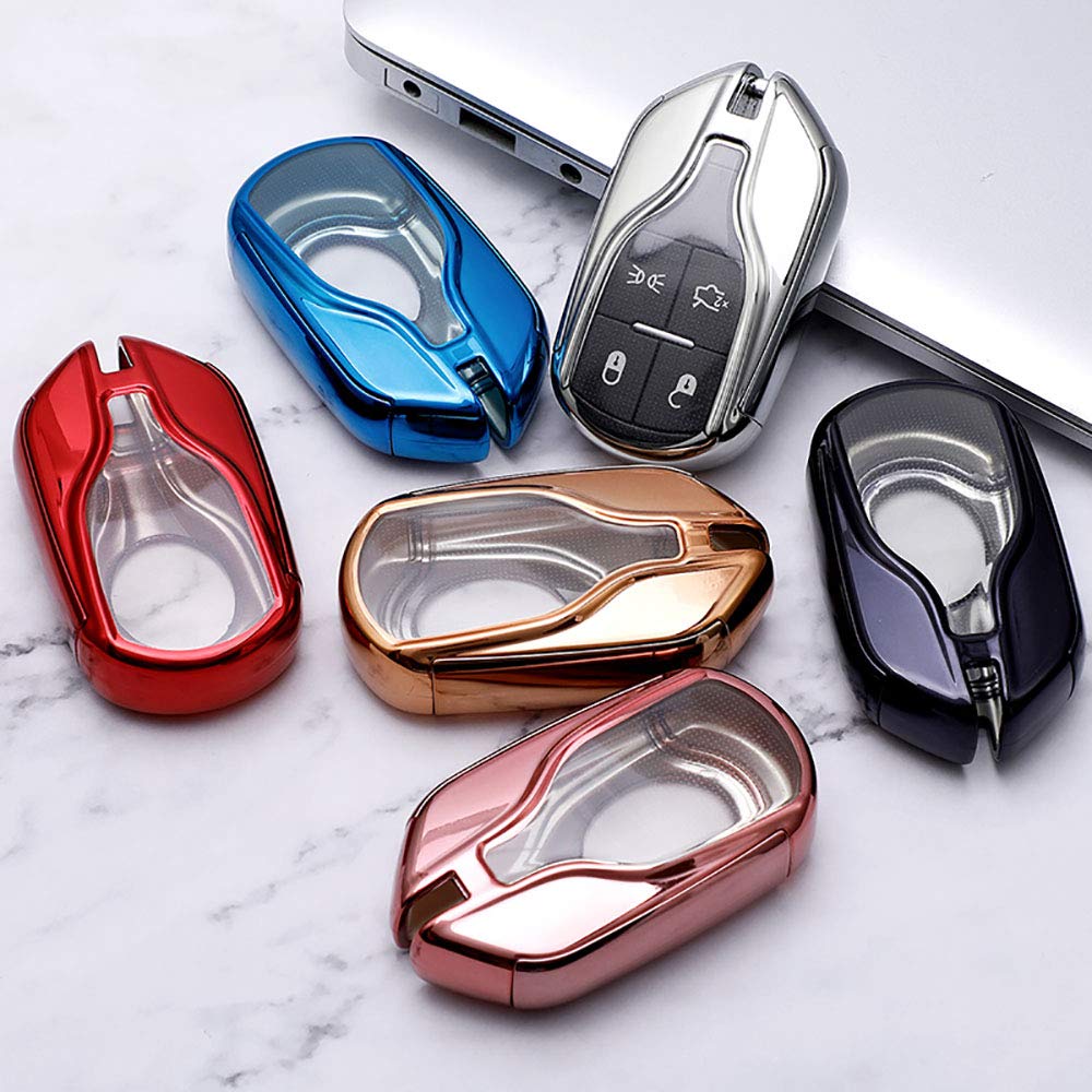 ontto for Maserati Levante GT Quattroporte Ghibli Key Fob Cover Full Protection Soft TPU Keycase Shell Holder with Keychain Keyring Smart Remote Entry Skin Keyless Silver
