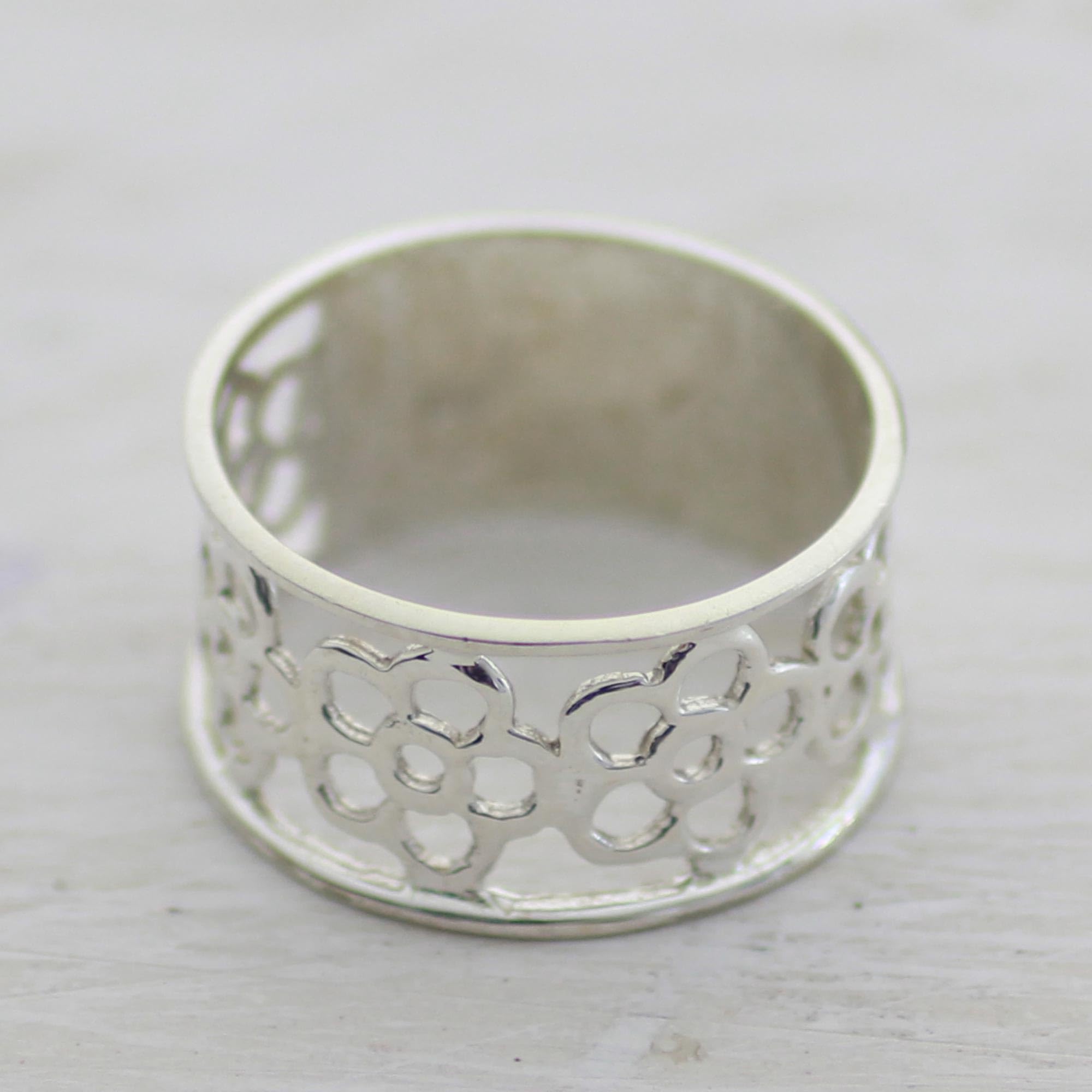 NOVICA Artisan Handmade Sterling Silver Band Ring Floral from India No Stone [band Width 10 mm W] ' Band of Flowers'